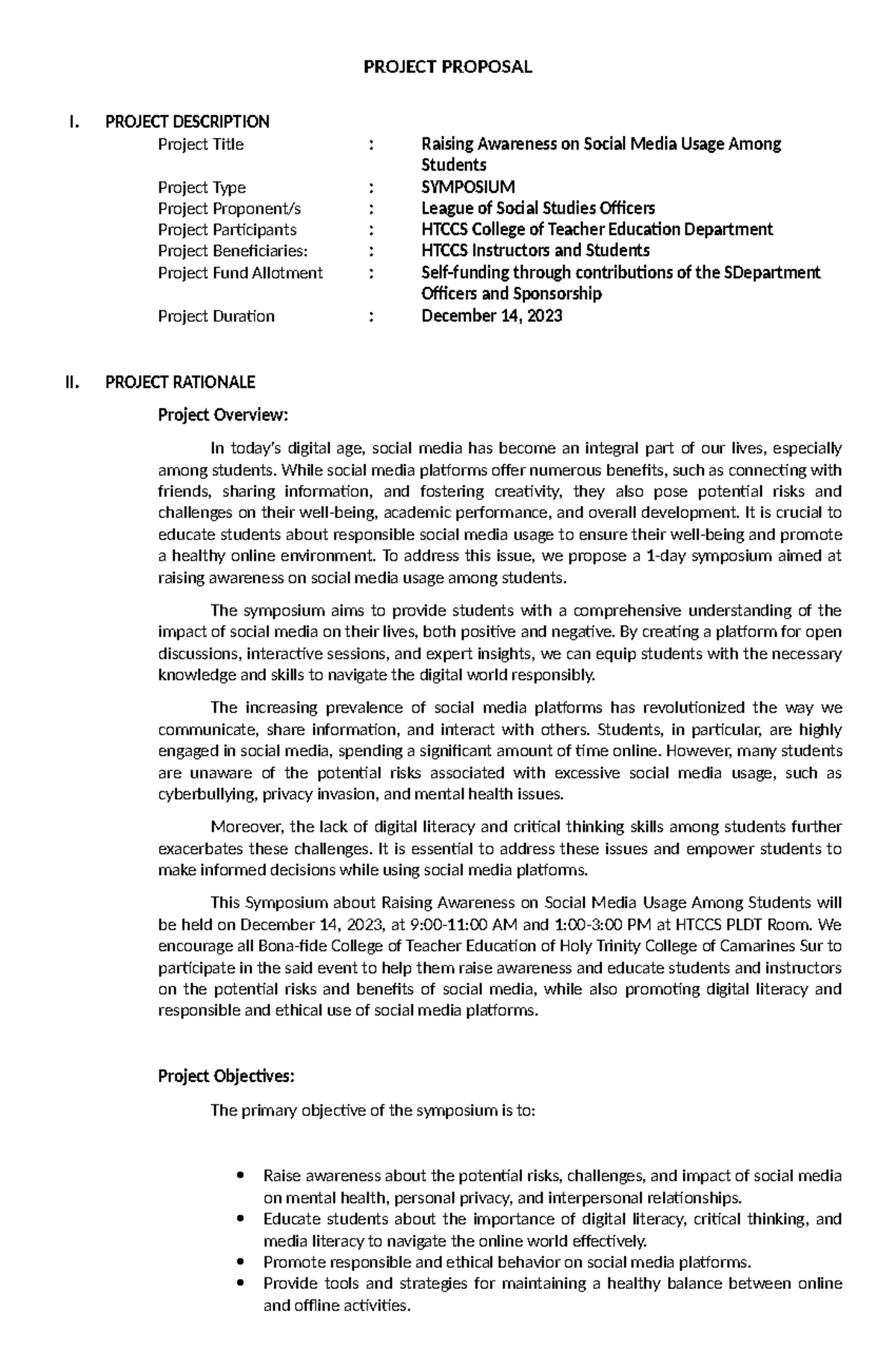 Project- Proposal - PROJECT PROPOSAL I. PROJECT DESCRIPTION Project ...