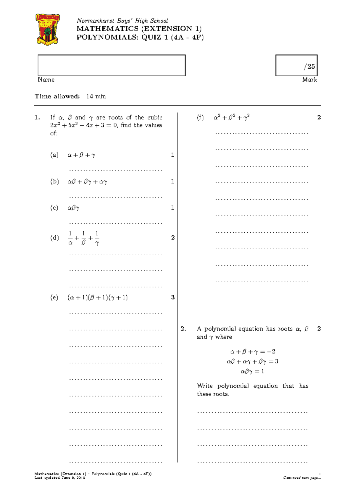 Polynomicals quiz01 - basic - Normanhurst Boys’ High School MATHEMATICS ...