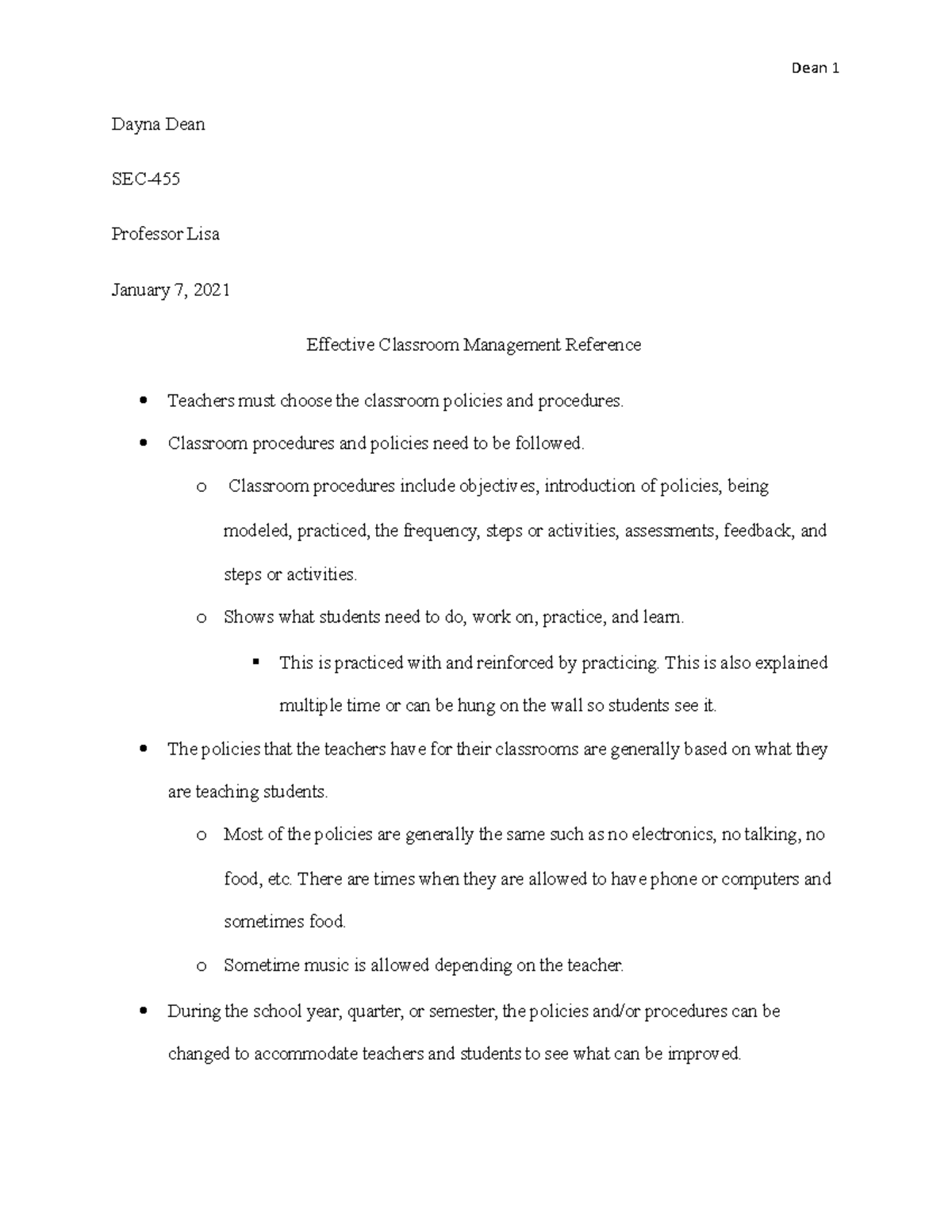Effective Classroom Management Reference Sheet - Dayna Dean SEC ...