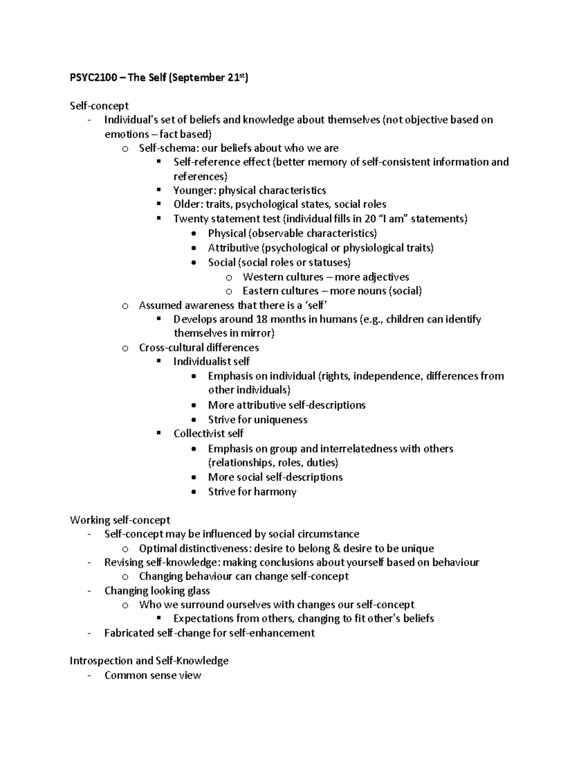 PSYC2100 September 21st - PSYC2100 3 The Self (September 21st) Self ...