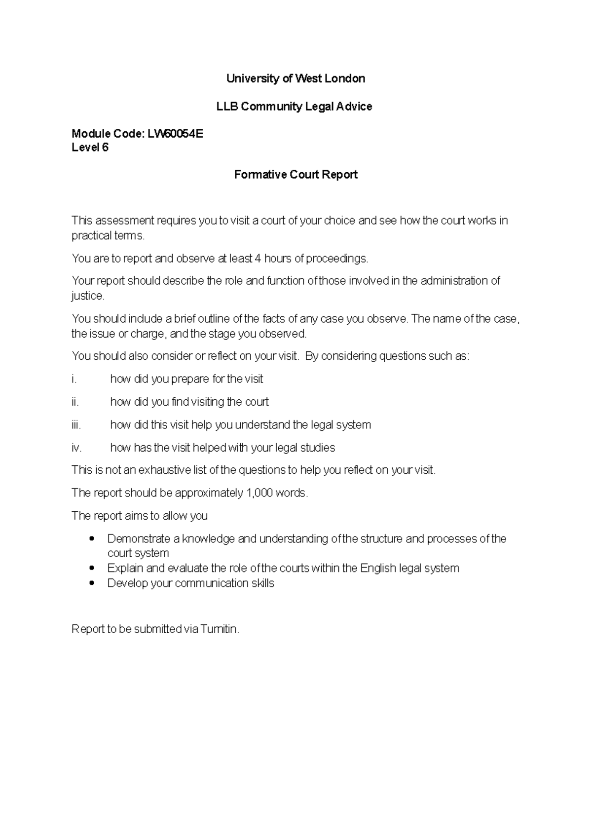 Formative Court Report - University of West London LLB Community Legal ...