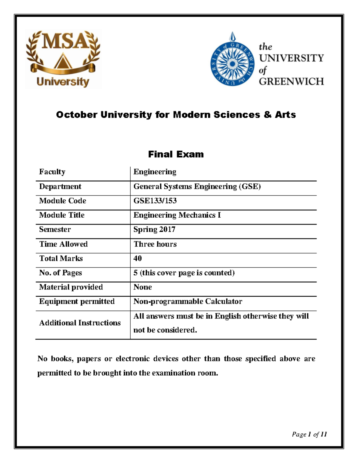 Mechanics - Final exam - spring 2017 - October University for Modern ...