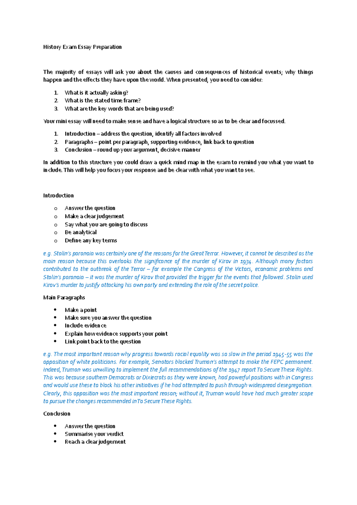 Sample/practice exam 2018, answers - History Exam Essay Preparation The ...