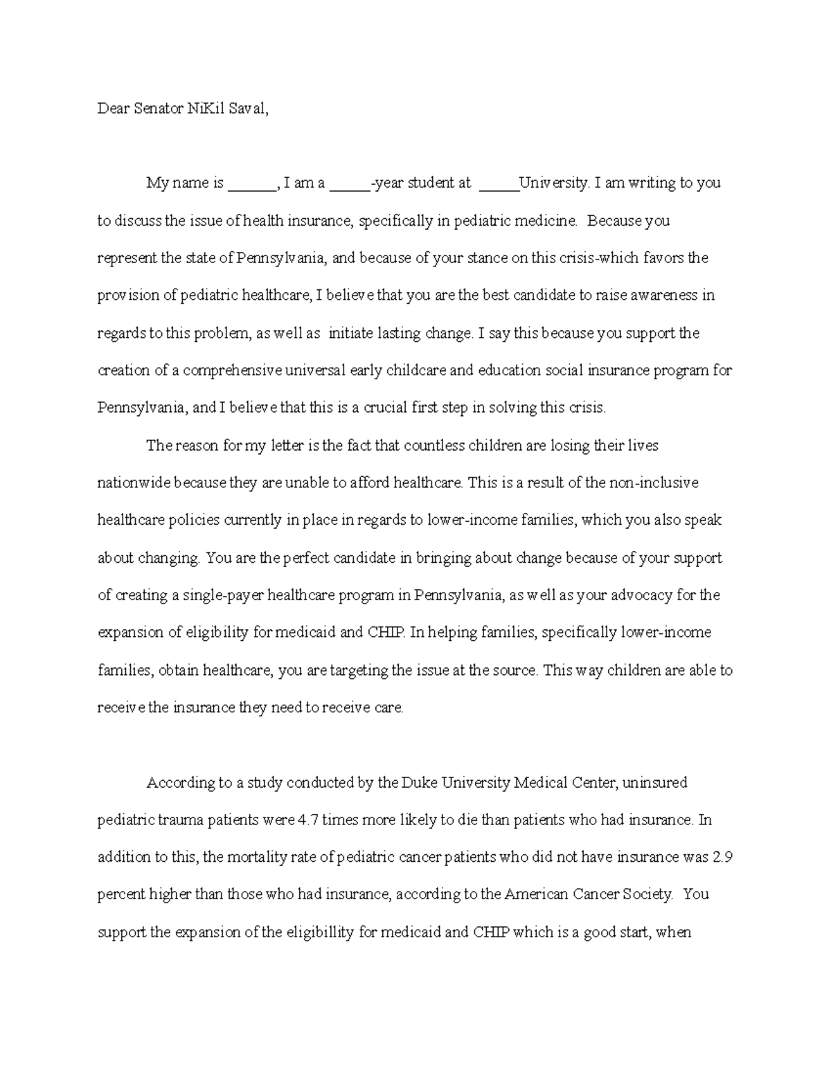 Letter to an elected official - Dear Senator NiKil Saval, My name is ...