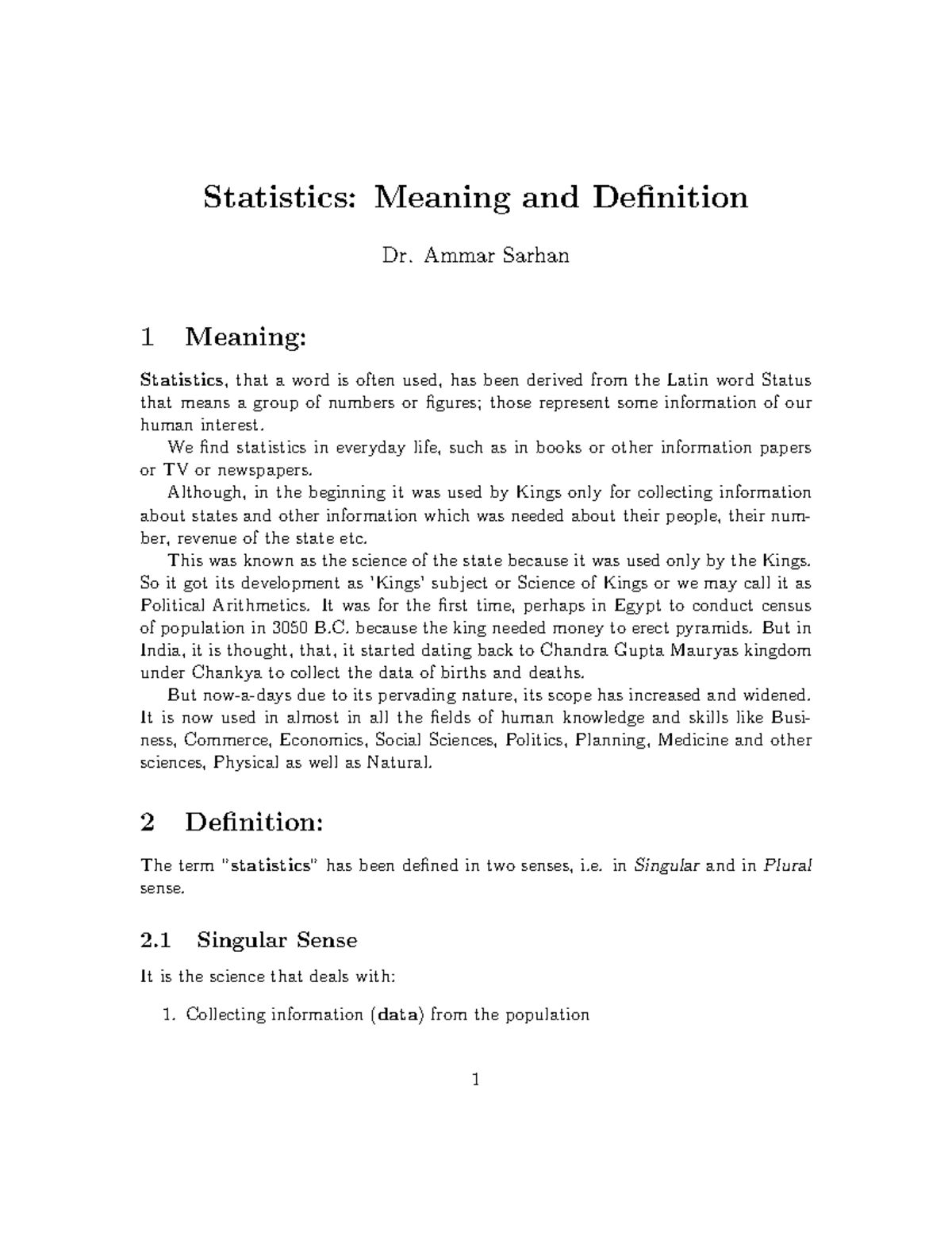 Definition of Statistics - Statistics: Meaning and Definition Dr. Ammar ...
