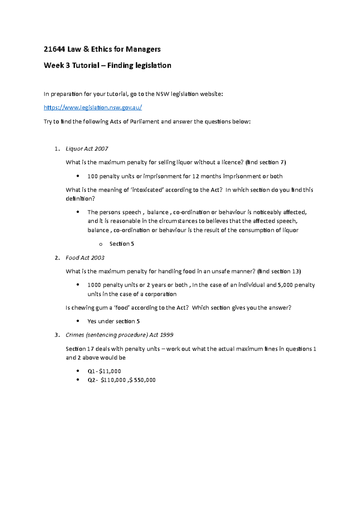 3 finding legislation exercise - 21644 Law & Ethics for Managers Week 3 ...