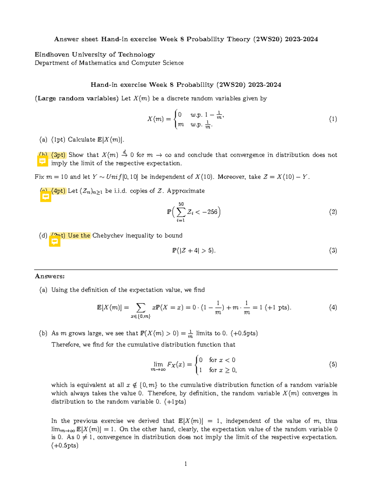 Answer sheet probability theory w8 - Answer sheet Hand-in exercise Week ...