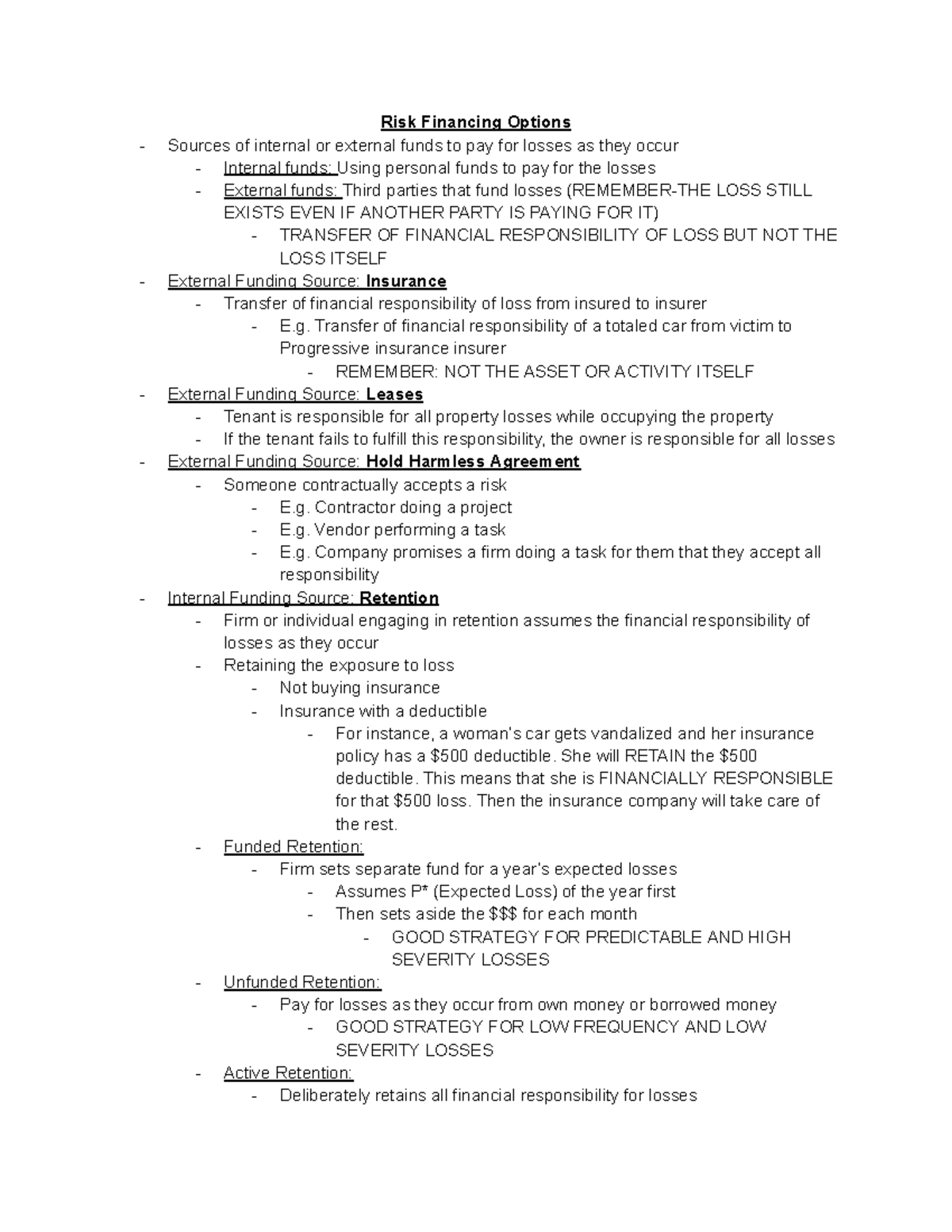Risk Financing Options - Risk Financing Options Sources of internal or ...