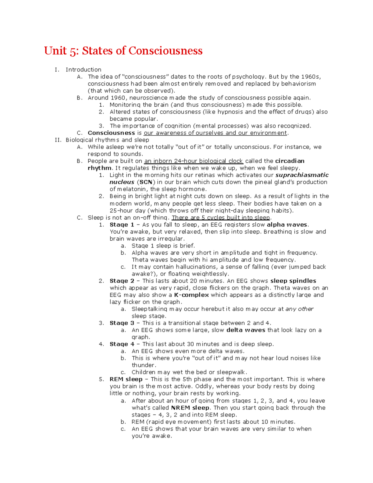 Myers states of consciousness notes - Unit 5: States of Consciousness I ...