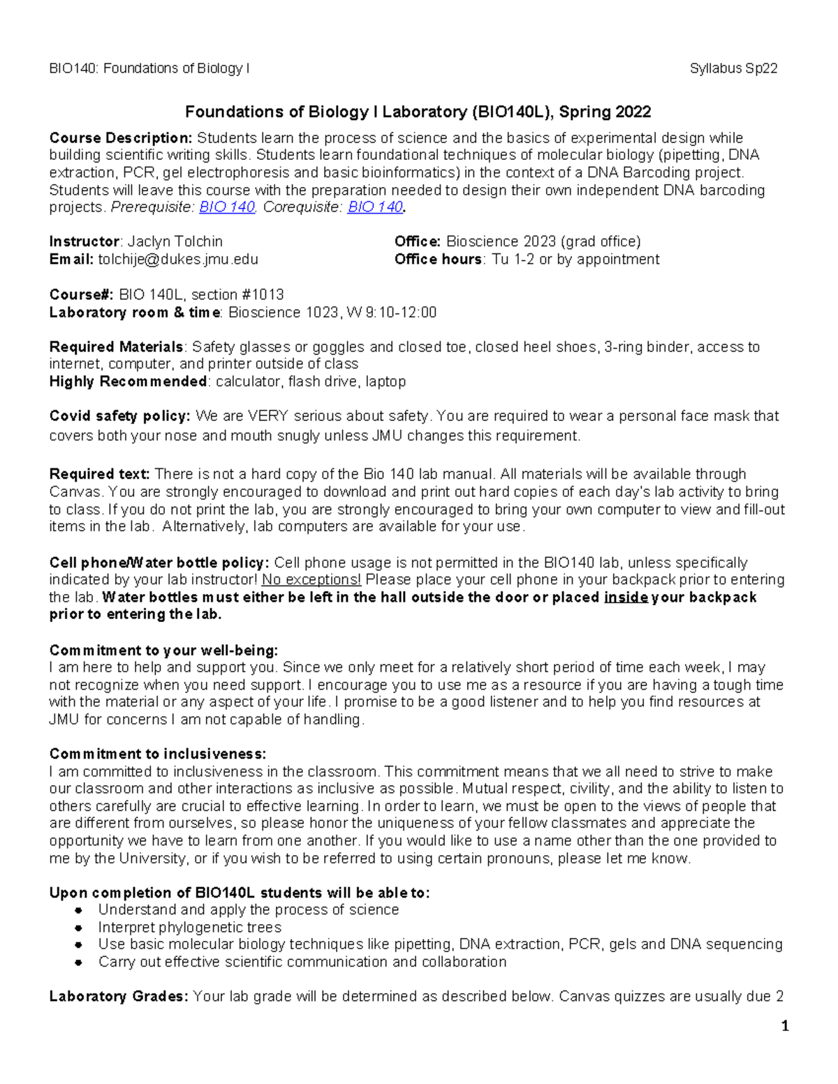 syllabus for the lab - Foundations of Biology I Laboratory (BIO140L ...