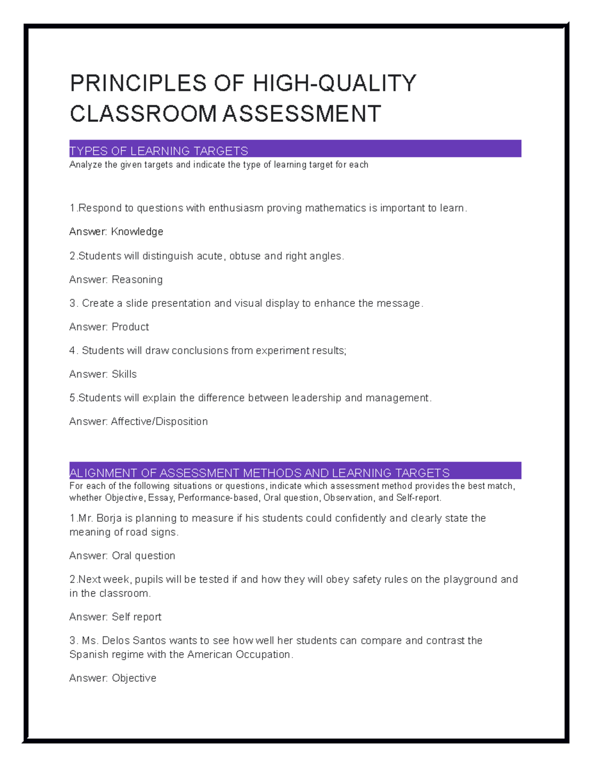 Principleofhighqualityclassroomassessment ASS#2 - PRINCIPLES OF HIGH ...