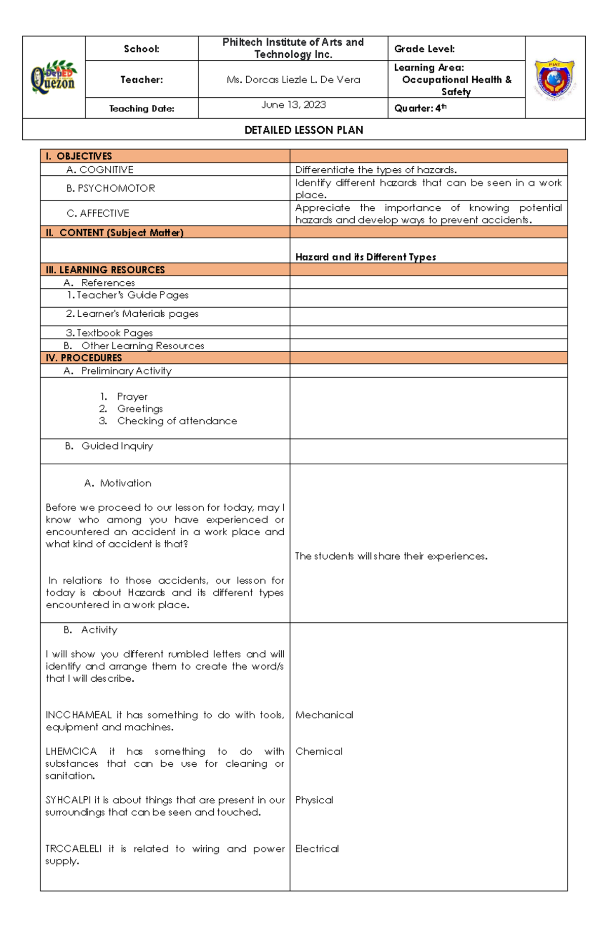 Hazard DLPpdf - Lesson plan for demonstration. - School: Philtech ...