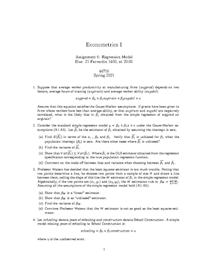 PS05 2 - econometrics - Econometrics I Assignment 5: Simple Linear Regression Due: 14 Farvardin ...