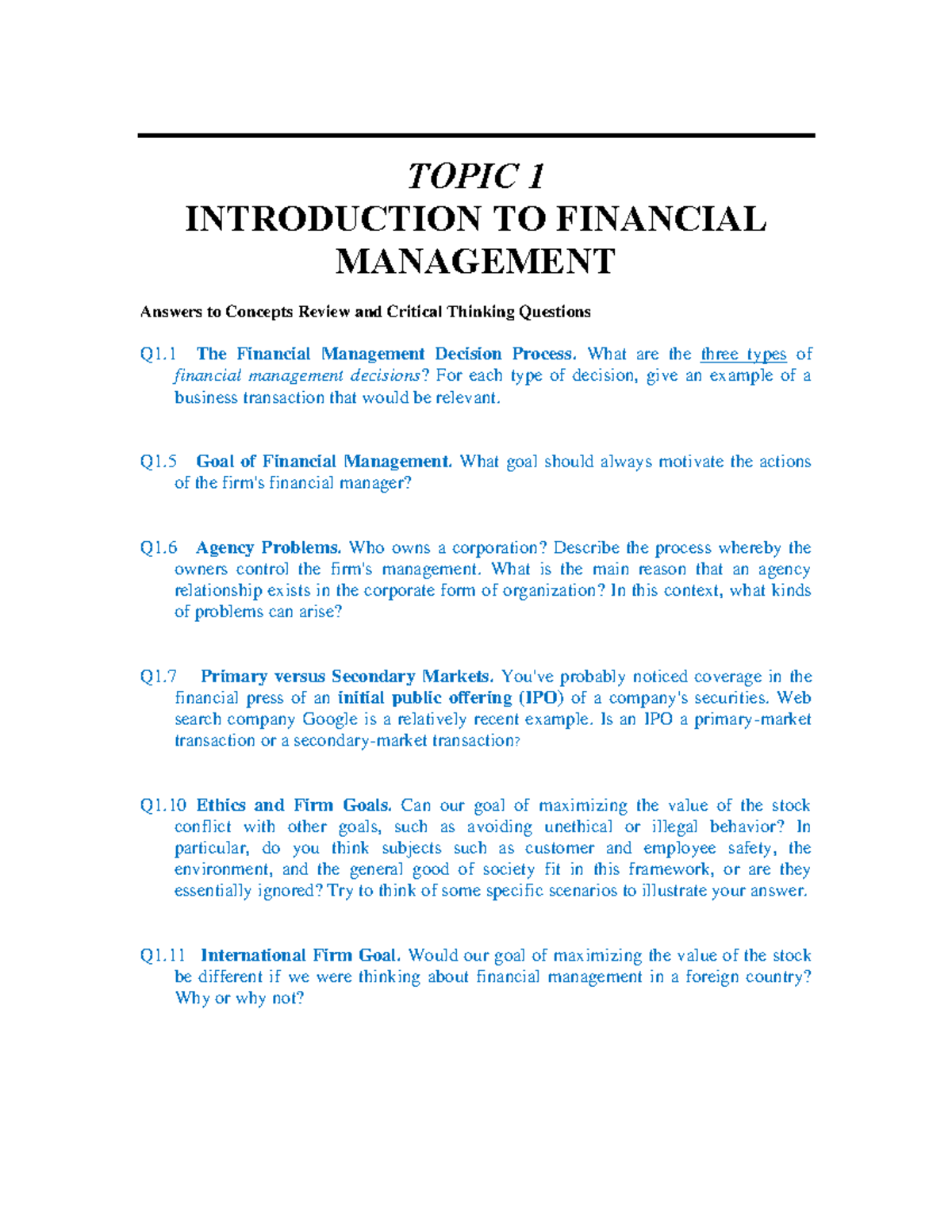 Tutorial 1 Questions - TOPIC 1 INTRODUCTION TO FINANCIAL MANAGEMENT ...
