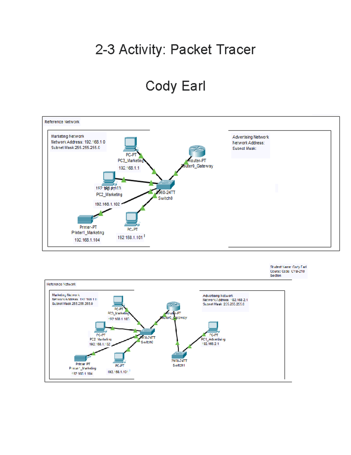 2-3 Activity Packet Tracer Cody Earl - CYB210 - 2-3 Activity: Packet ...