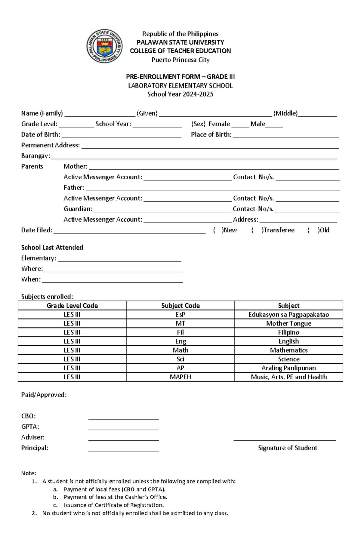 Pre-Enrolment Form of Grade 3 (SY 2024-2025) - Republic of the ...