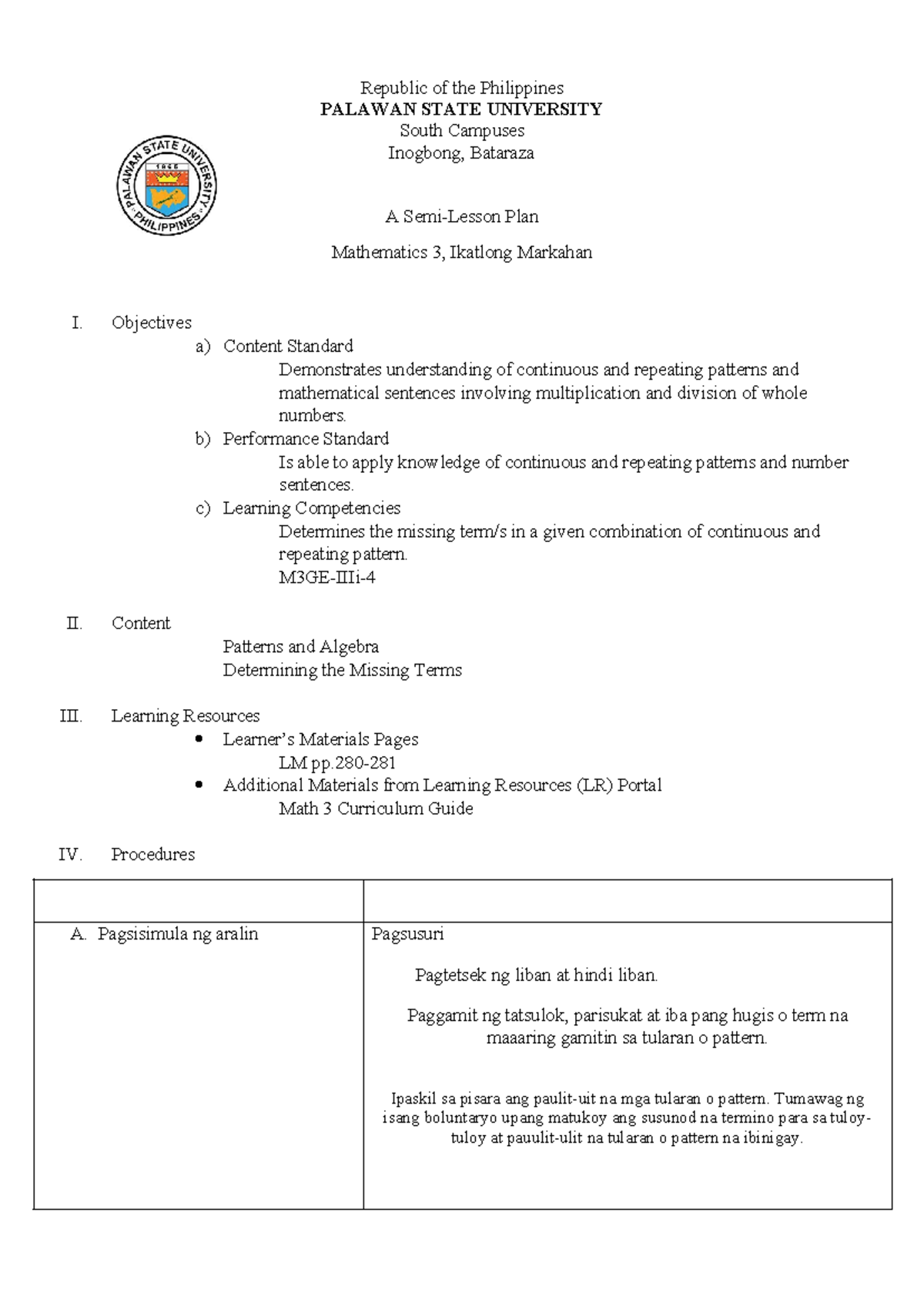 Semi-detailed plan. Continuous and repeating pattern 3 - Republic of ...