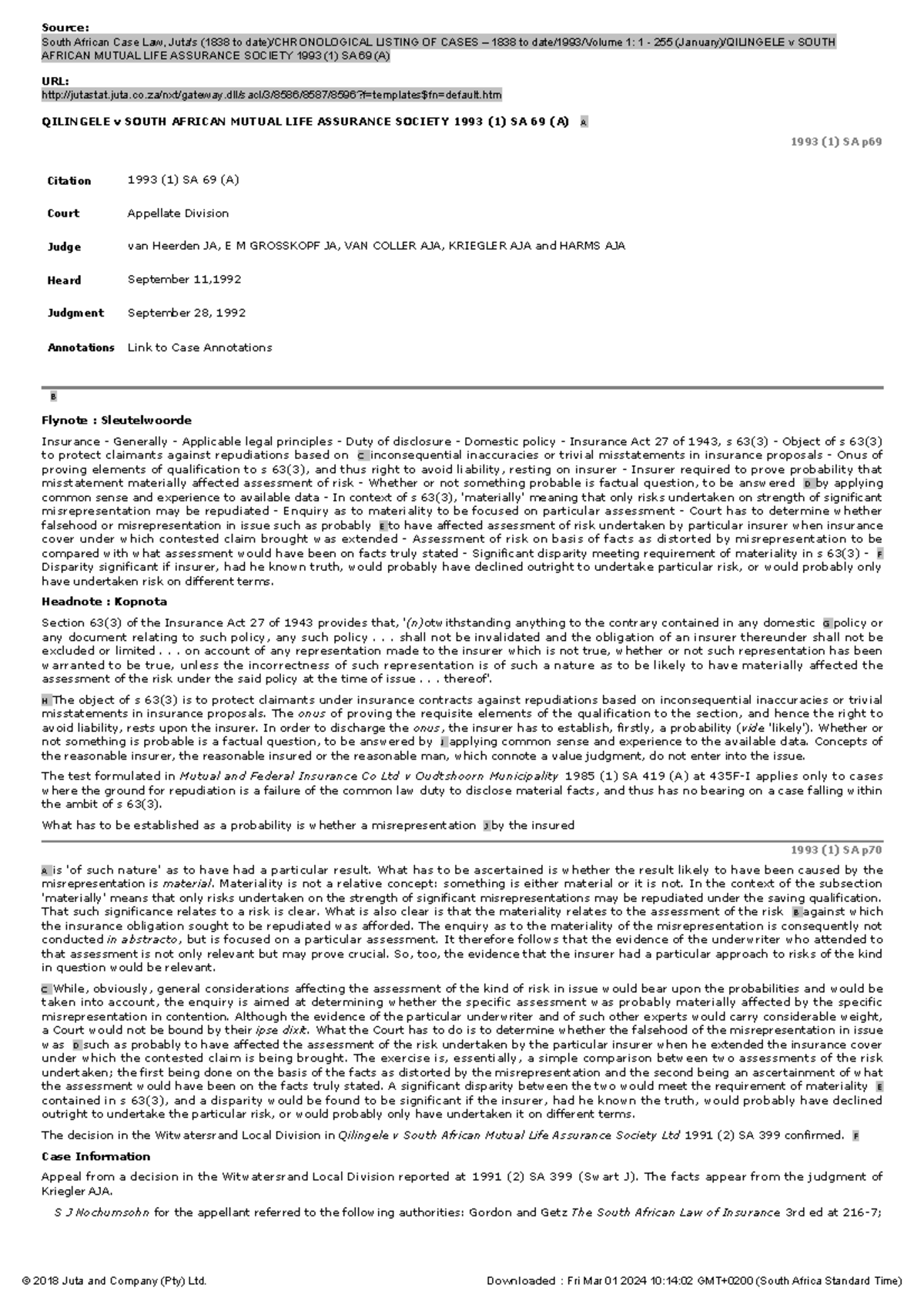 Qilingele v South African Mutual LIFE Assurance Society 1993 (1) SA 69 ...