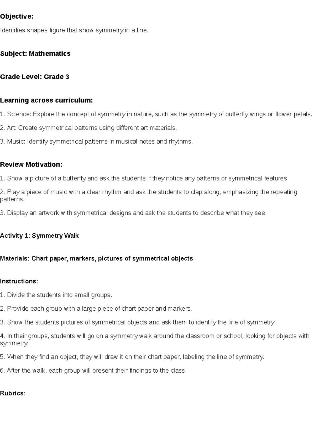 Lesson plan - Objective: Identifies shapes figure that show symmetry in ...