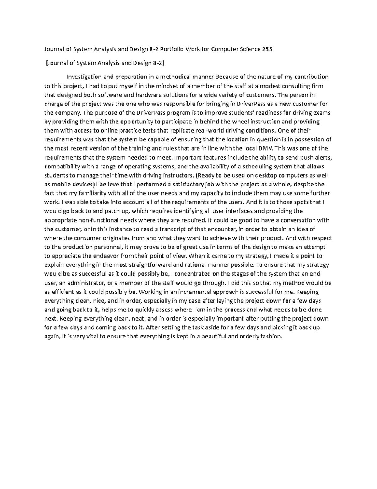 Cs 255 journal 8 - BASIC WORK COMPLETEDE IN CLASS - Journal of System ...
