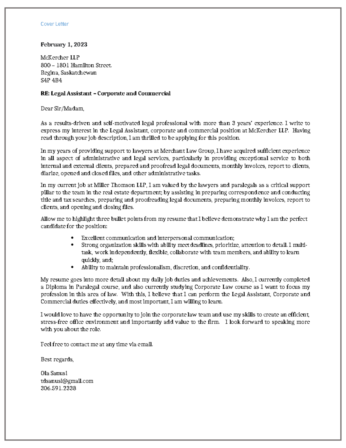 Ola Sanusi - Cover Letter for the position for a Legal Assistant ...