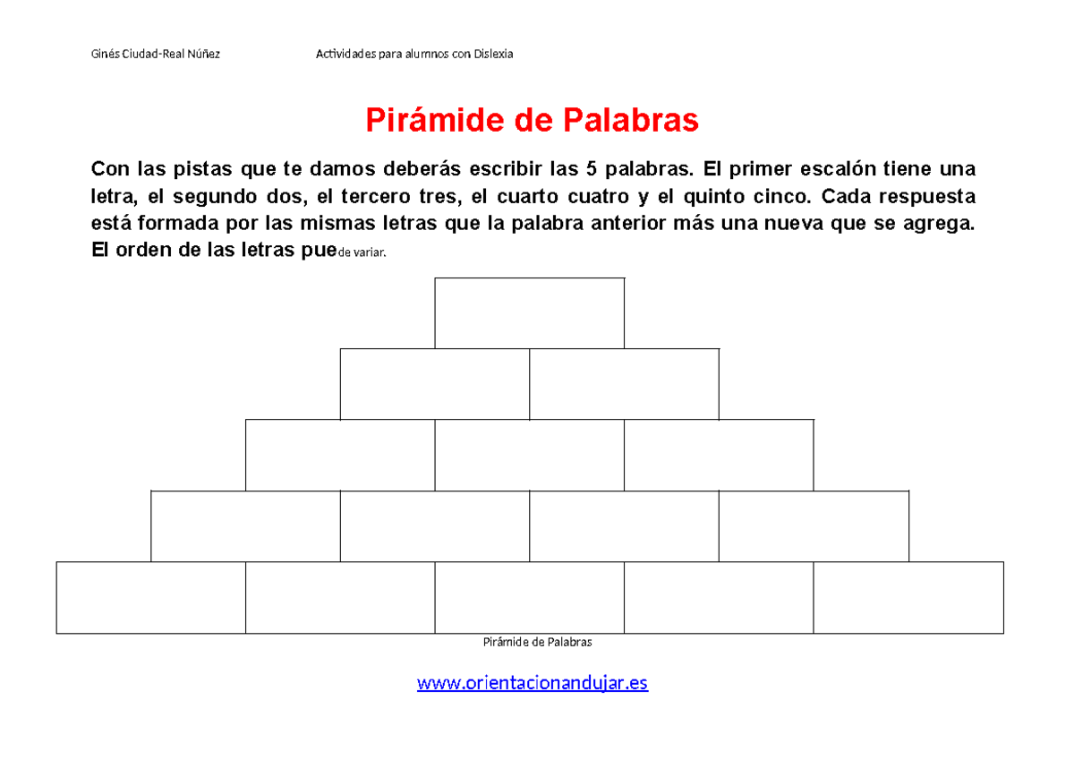 Actividades Dislexia Pirámide DE Palabras Plantilla - inteligencia y ...