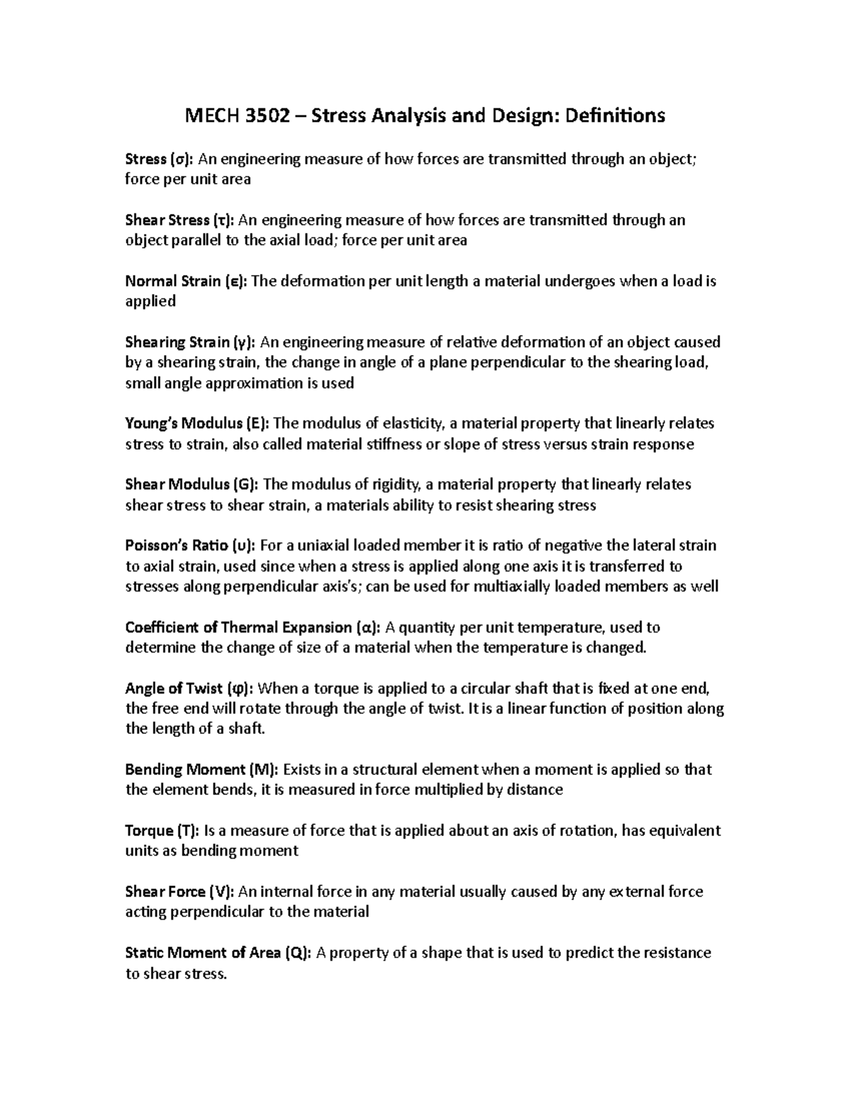 MECH 3502 - Definitions - MECH 3502 – Stress Analysis and Design ...