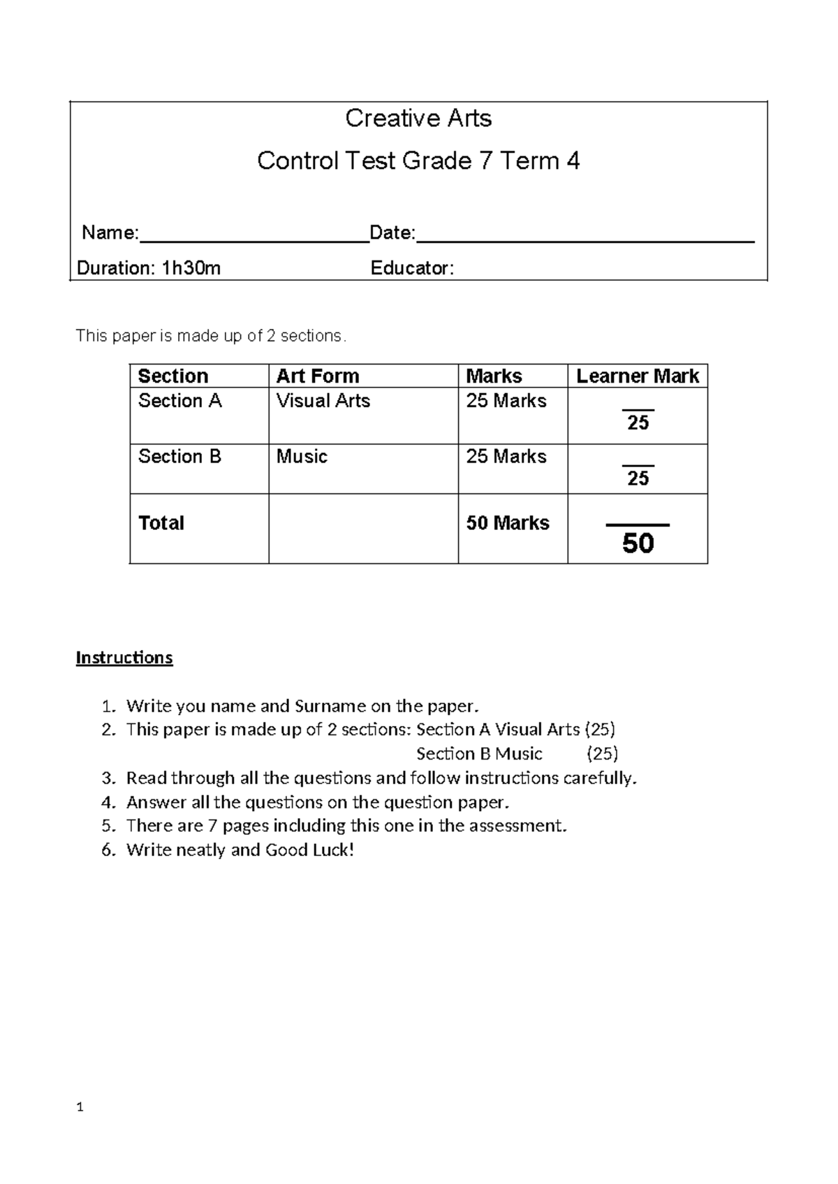 Creative Arts Grade 7 Nov 2023 Assessment - Creative Arts Control Test ...