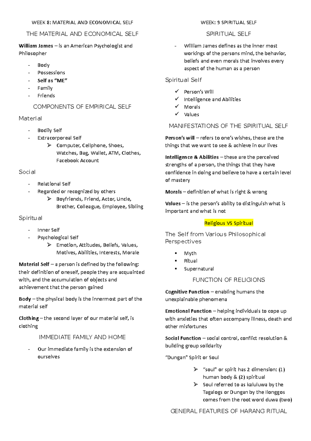 WEEK 10 & 11 UNDS - n/a - WEEK 8: MATERIAL AND ECONOMICAL SELF THE ...