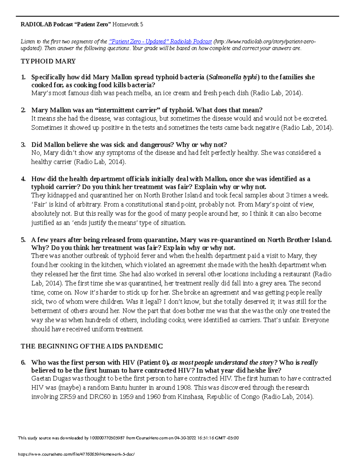Homework 5 - radio lab work - RADIOLAB Podcast “Patient Zero” Homework ...