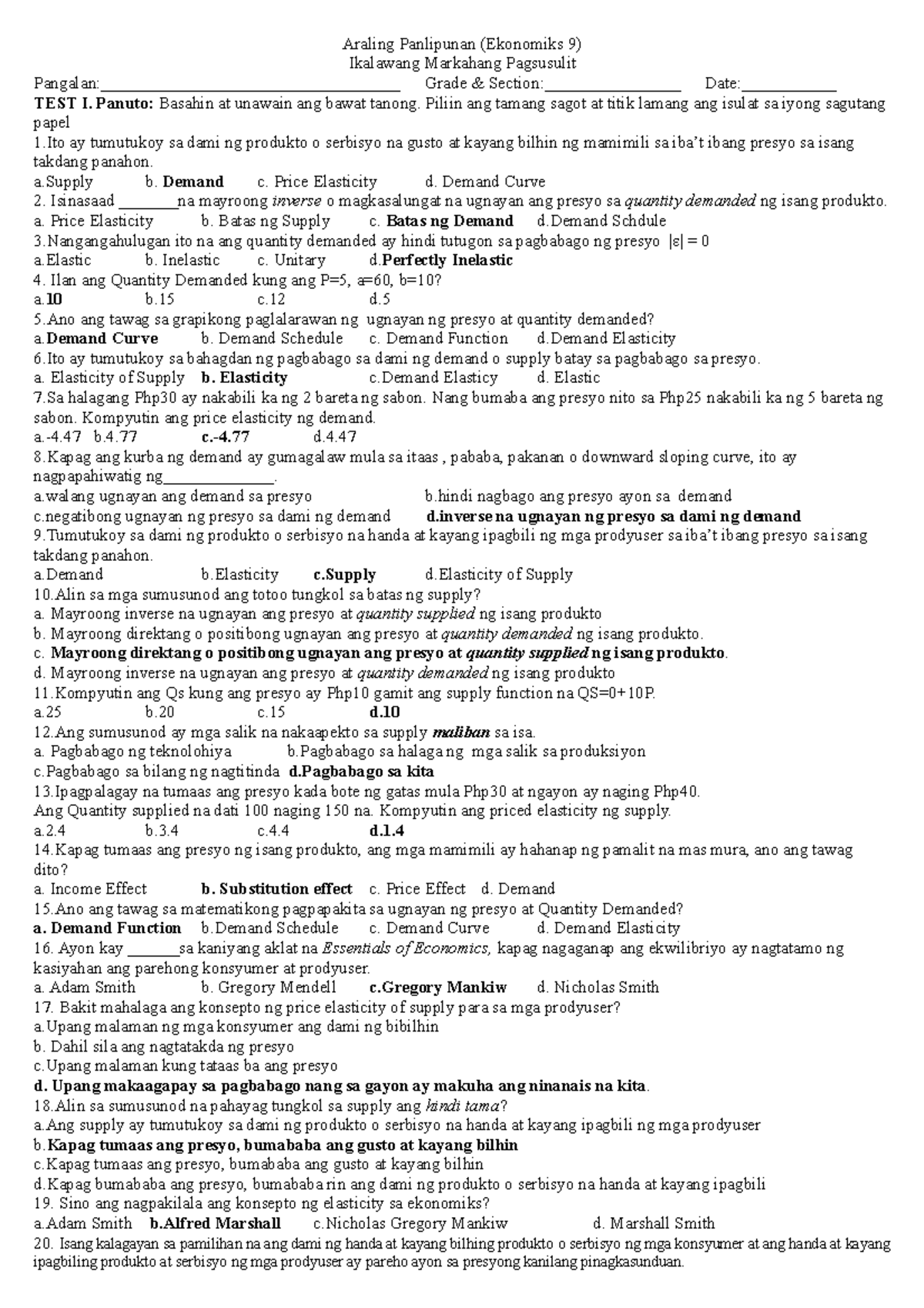 Second Quarter Exam AP9 - Araling Panlipunan (Ekonomiks 9) Ikalawang ...