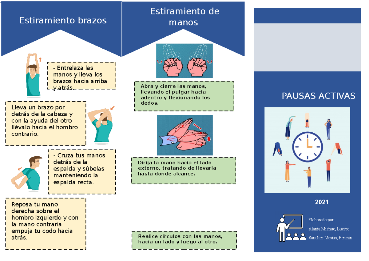 Triptico Pausas activas - + - Entrelaza las manos y lleva los brazos ...