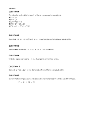 Tutorial 4 - Discrete Structure - Tutorial 4 1. Translate each of the following statements into ...
