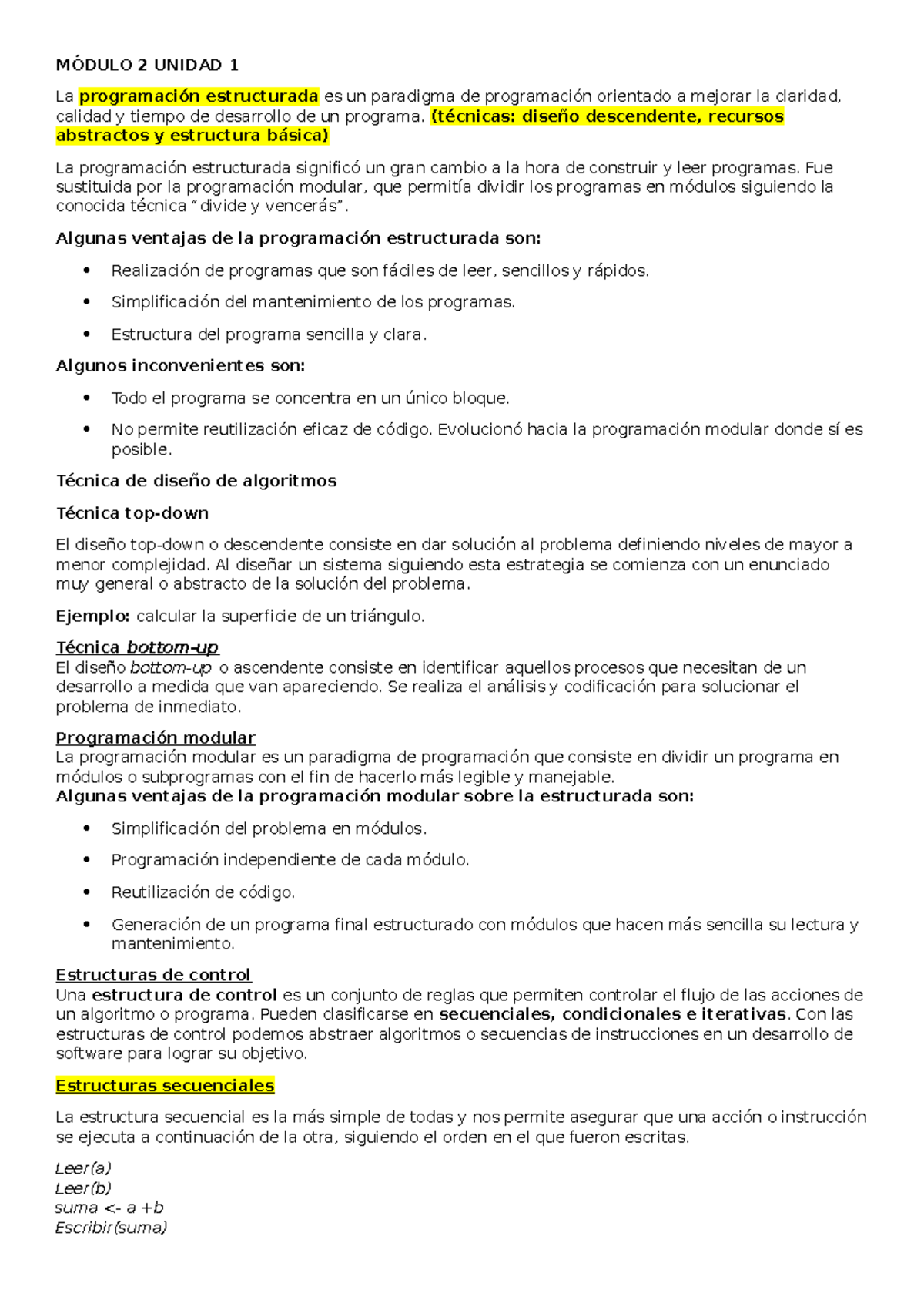 PL M2 resumen - MÓDULO 2 UNIDAD 1 La programación estructurada es un paradigma de programación ...