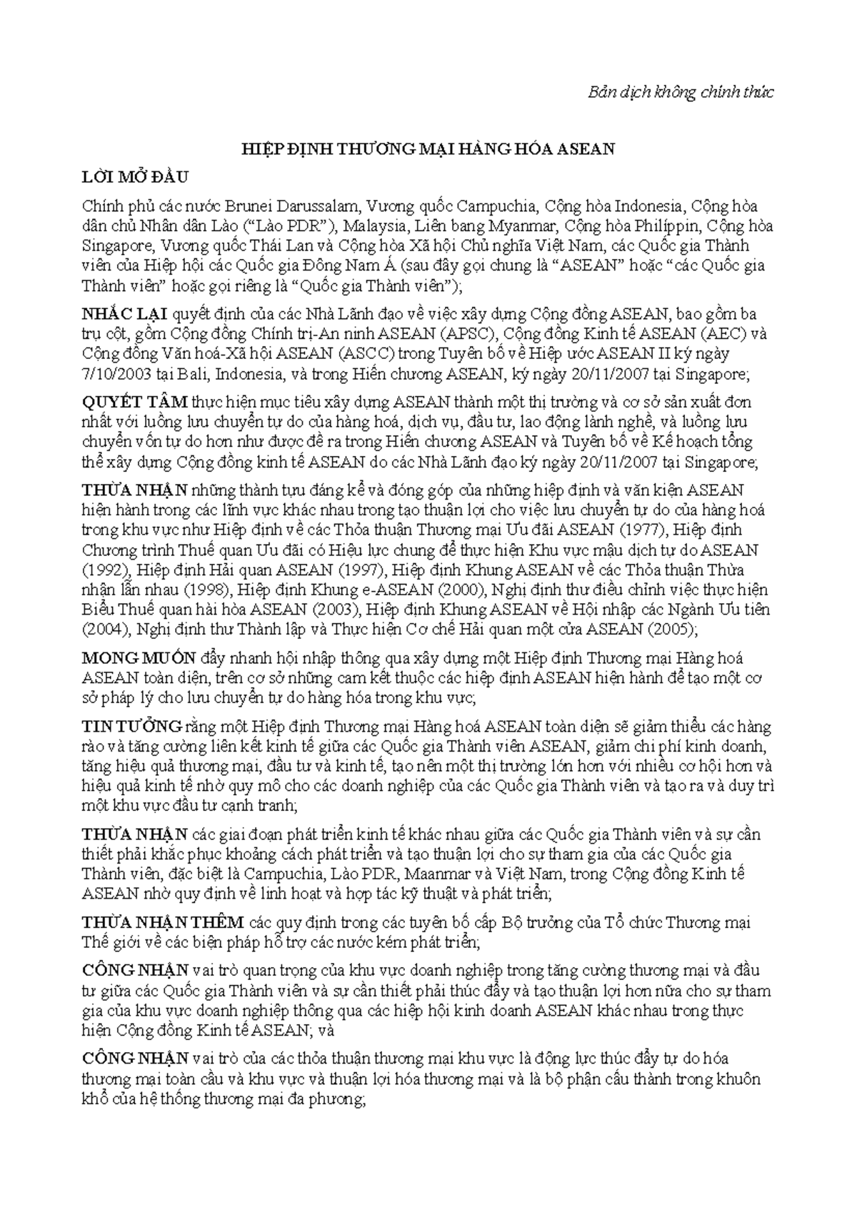 Hiệp Định Thương Mại Hàng Hóa Asean ( Atiga) - Bản dịch không chính ...