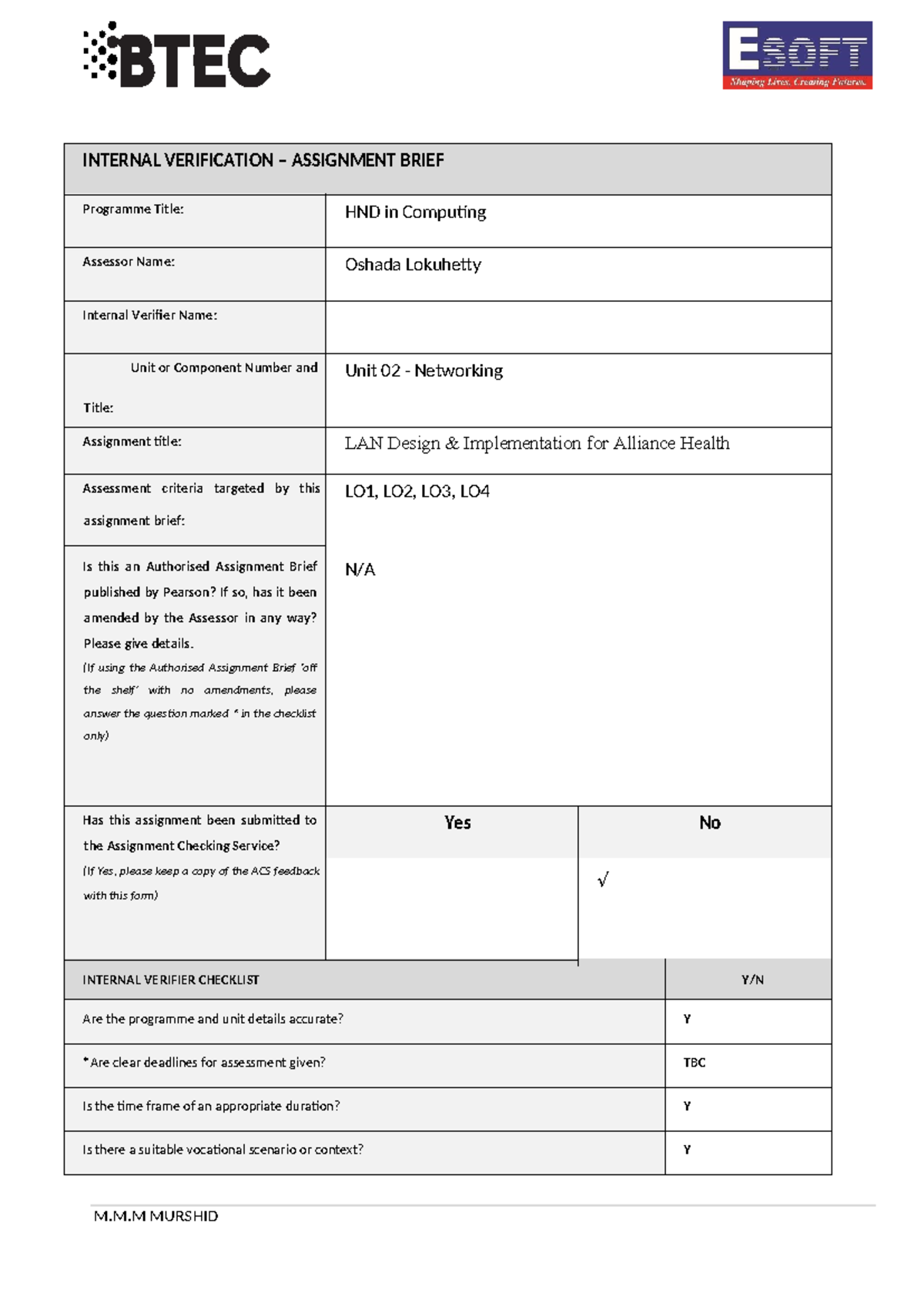 Munshif Networking Assignment Internal Verification Assignment Brief Programme Title Hnd In