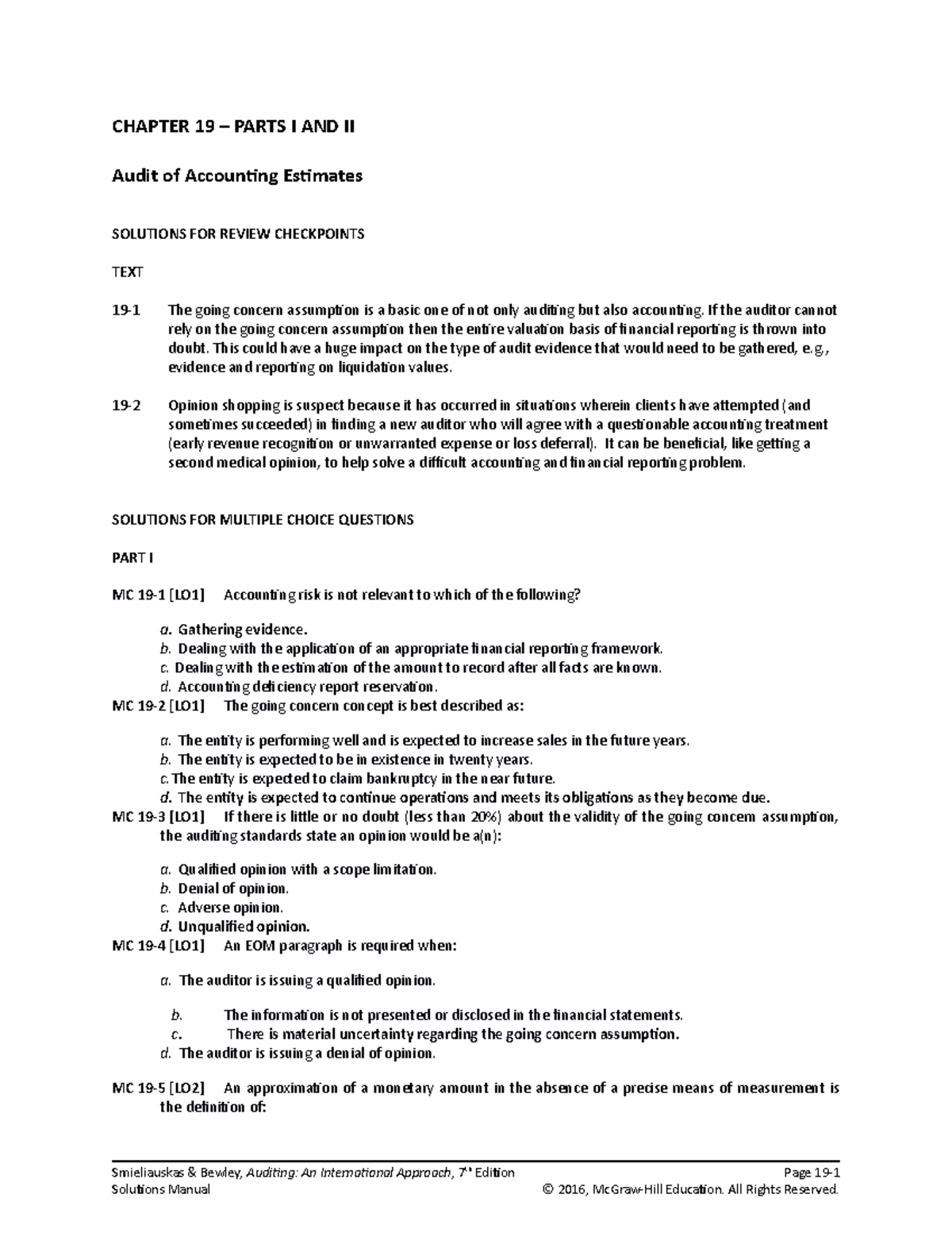 Chapter 19 Solutions - CHAPTER 19 – PARTS I AND II Audit of Accounting ...