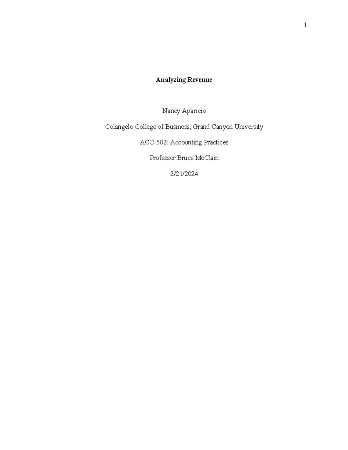 Aparicio N - Analyzing Revenue Nancy Aparicio Colangelo College of ...