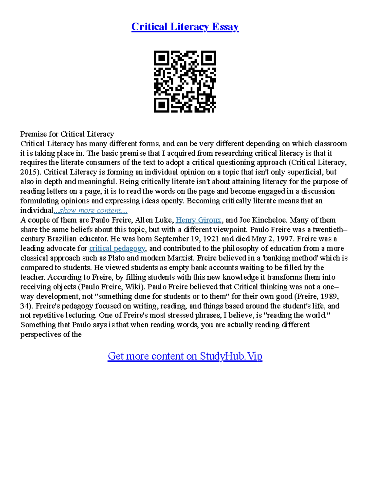 Example Of Critical Essay Writing - Critical Literacy Essay Premise for ...