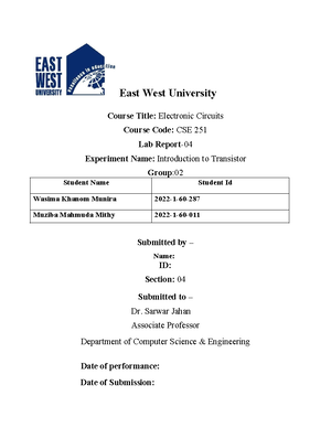 Lab-1 - Lab - Course Code : CSE 251 Course Title:Electronic Circuits Lab: 01 Experiment Name: I ...