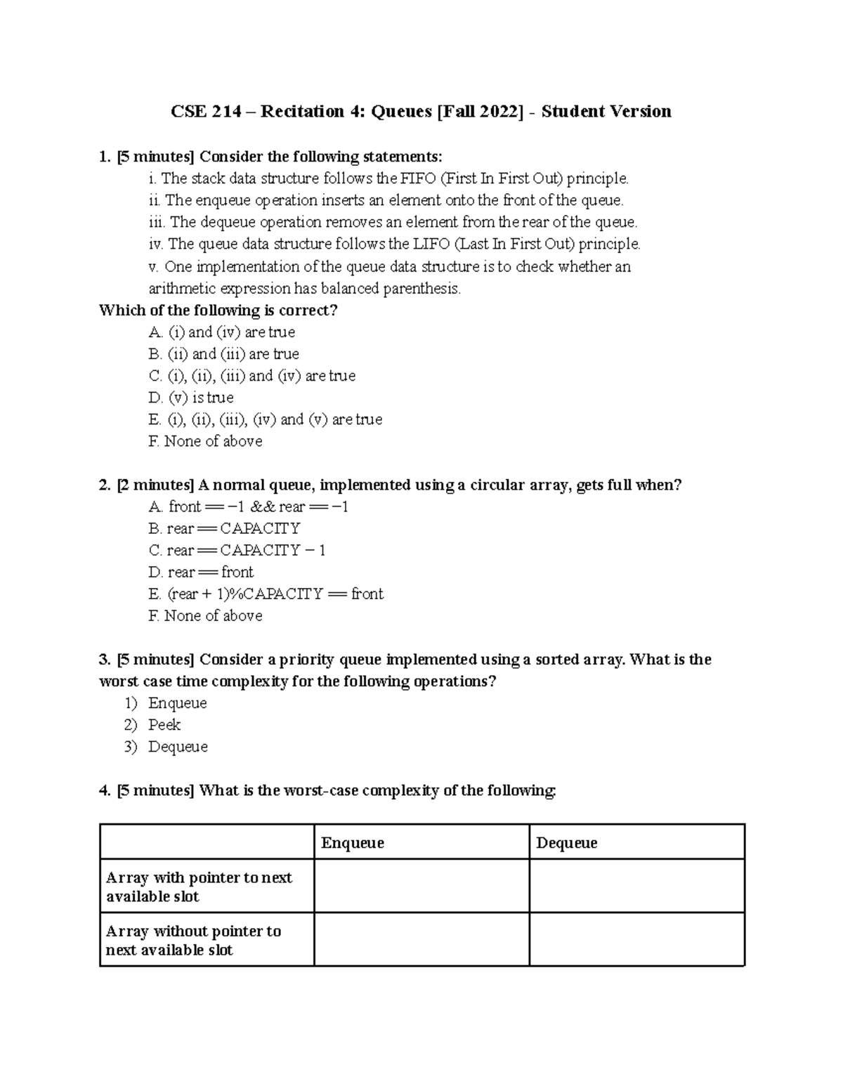 Recitation 4 Student Version - CSE 214 – Recitation 4: Queues [Fall 2022] - Student Version [5 ...