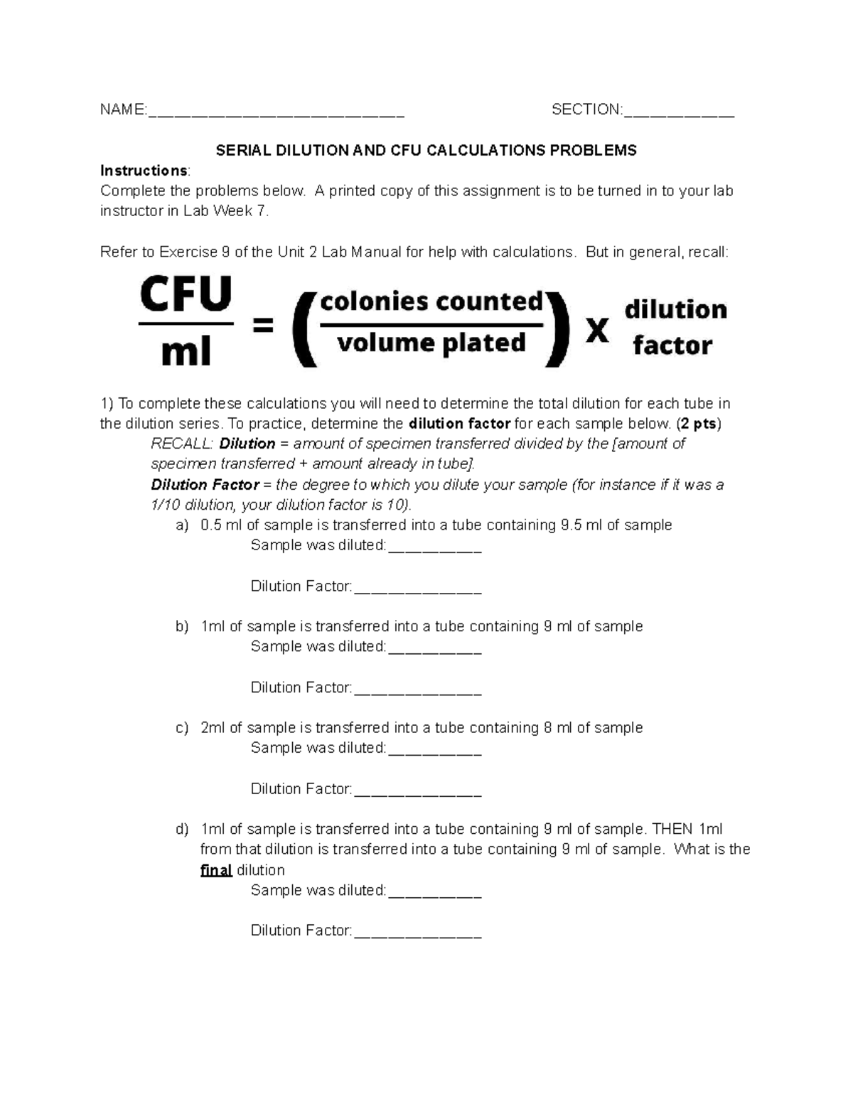 S24 Homework Serial Dilution and CFU Calculations - NAME