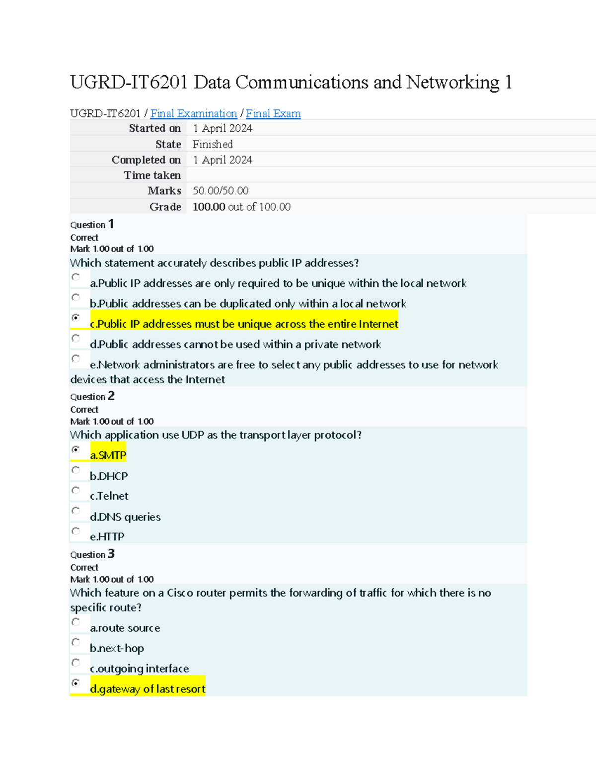 Data Communications and Networking Final Exam - Final Exam and Lab collate - UGRD-IT6201 Data ...