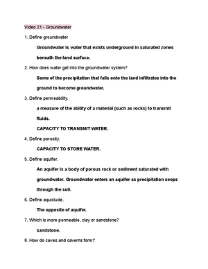 Chapter 17 - groundwater vocabulary. - Chapter 17 - Groundwater Ground ...