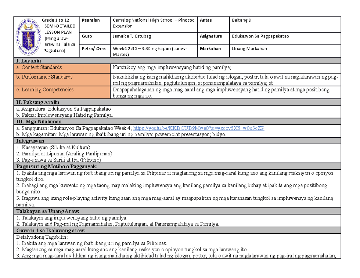 ESP8 Week4 LP - lesson plan - Grade 1 to 12 SEMI-DETAILED LESSON PLAN ...