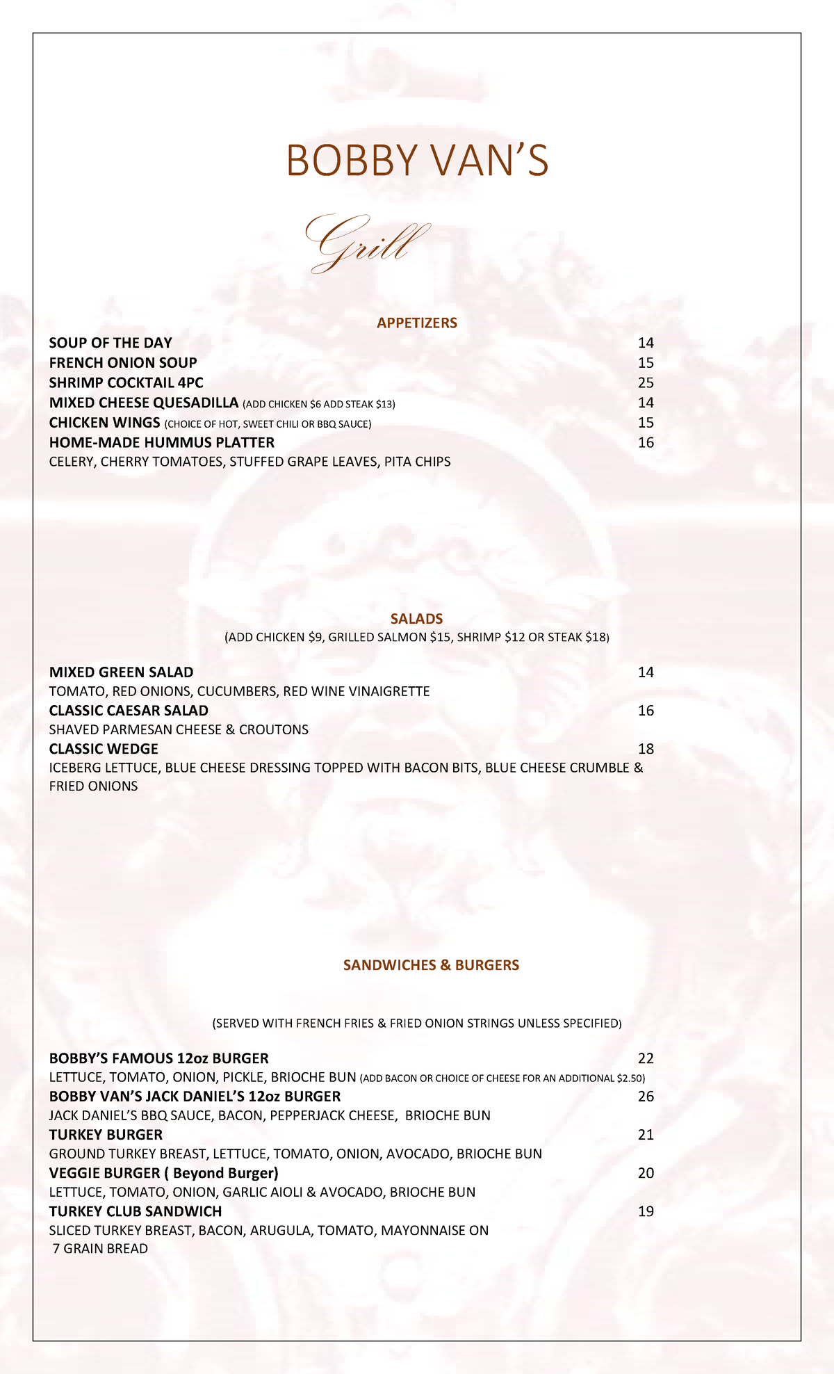 Bobby-Vans-Menu-2023 - Grill APPETIZERS SOUP OF THE DAY 14 FRENCH ONION ...