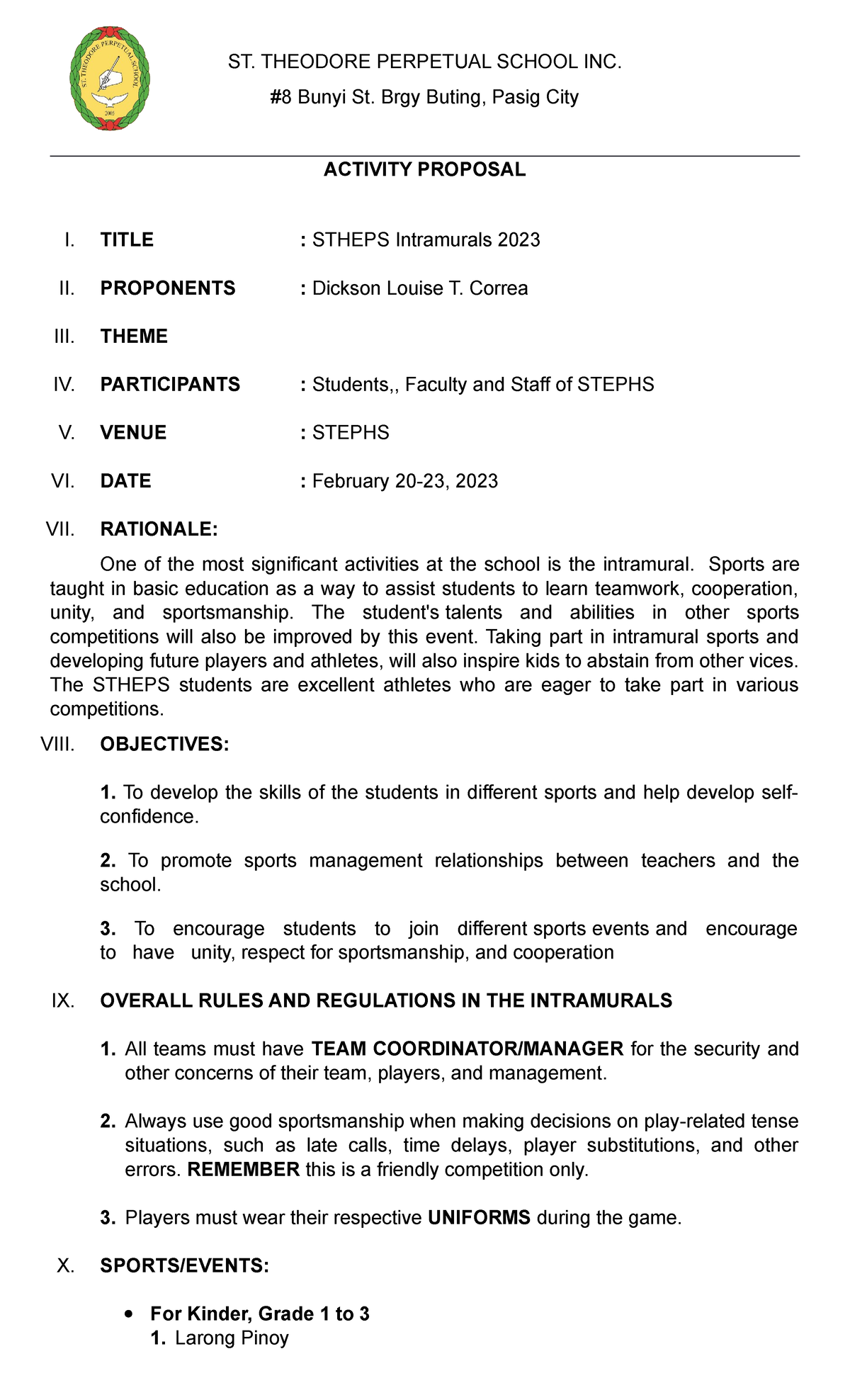 Intrams Proposal - ST. THEODORE PERPETUAL SCHOOL INC. #8 Bunyi St. Brgy ...