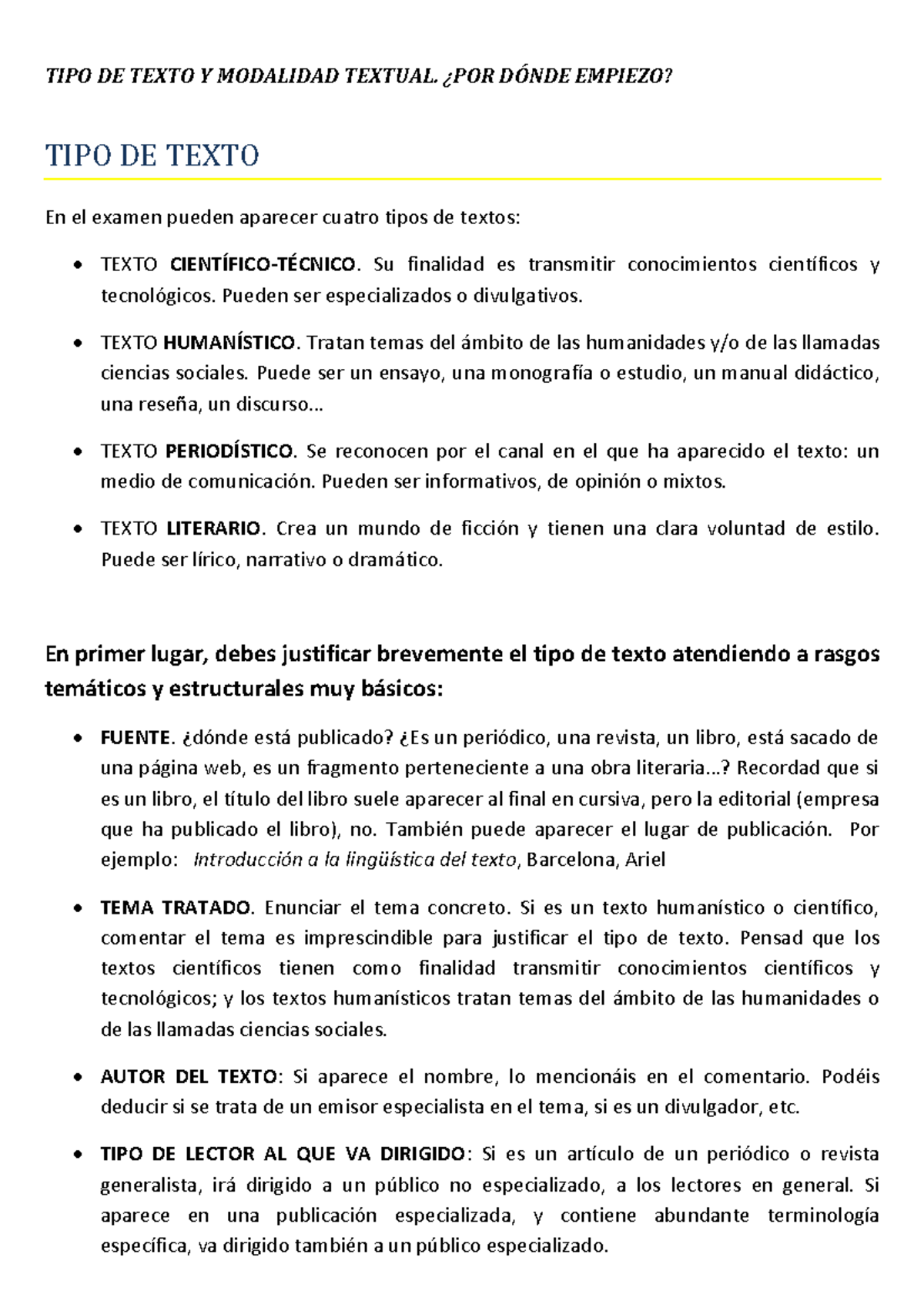 Guion DE TIPO DE Texto Y Modalidad Textual - TIPO DE TEXTO Y MODALIDAD ...
