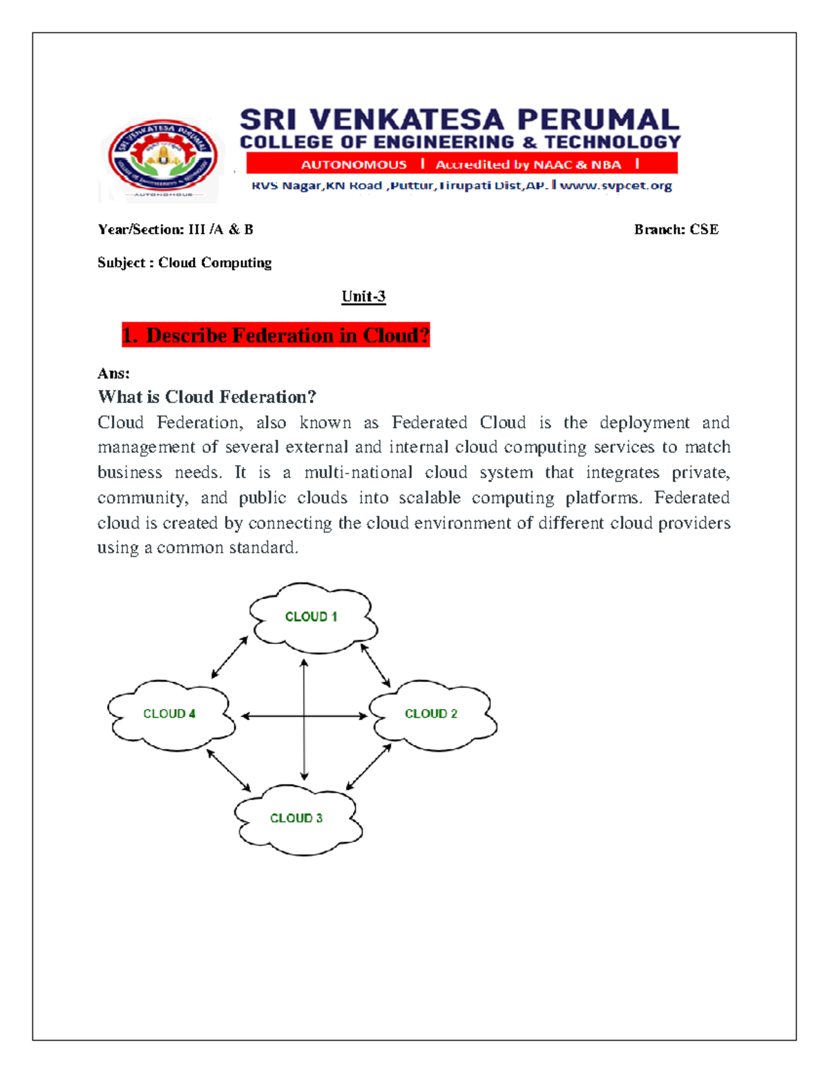 CC UNIT-3(NEW) - Cloud computing - Year/Section: III /A & B Branch: CSE ...