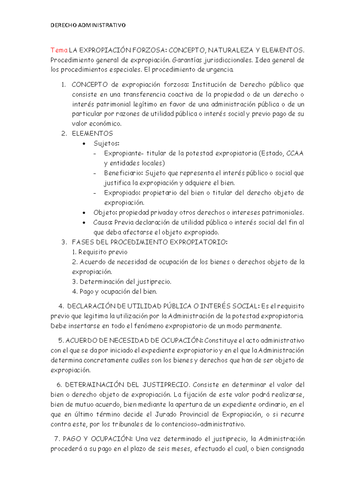 TEMA Expropiación Forzosa - DERECHO ADMINISTRATIVO Tema LA EXPROPIACI”N ...